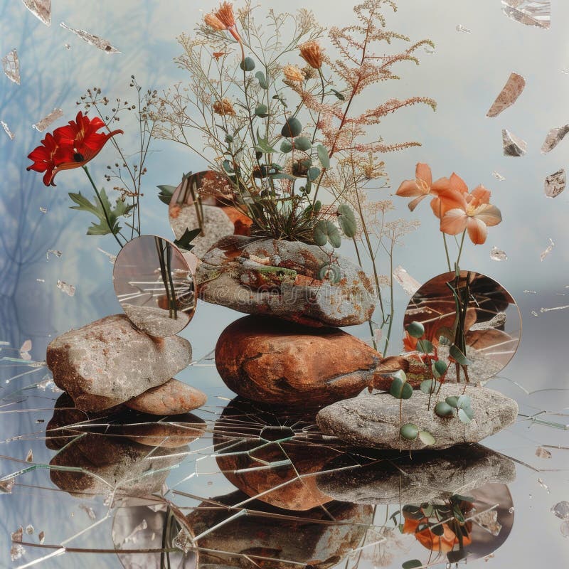 Floral Still Life with Rocks and Reflections Generated Using AI. Stock Illustration ...