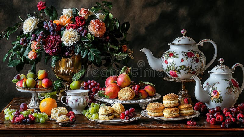 Floral Still Life Tea Cakes Fruit Table Setting Stock Photos - Free ...