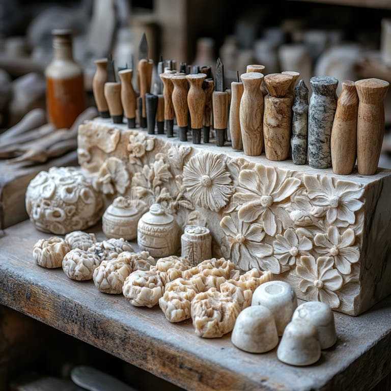 Floral Stone Carvings and Wooden Sculpting Tools in a Workshop Stock ...