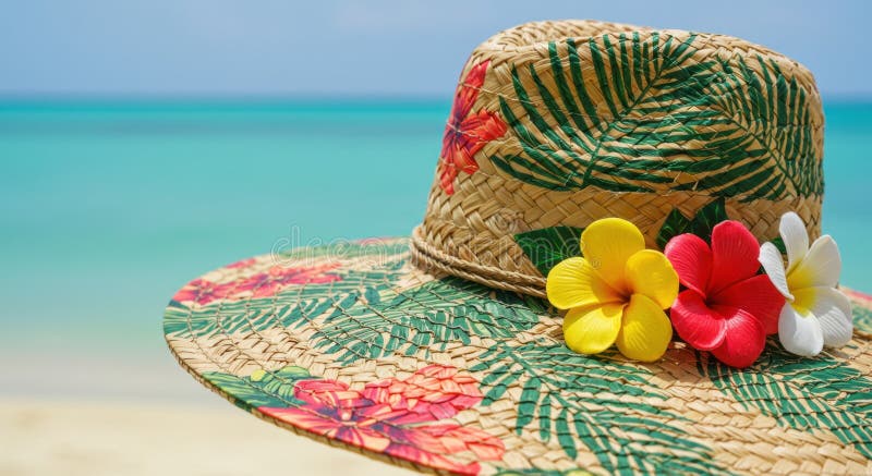 Floral Straw Hat on Sandy Beach with Turquoise Ocean Stock Illustration ...
