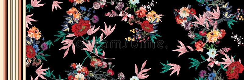 Floral with Stripes Pattern, Long Dress Design Seamless by One Side ...