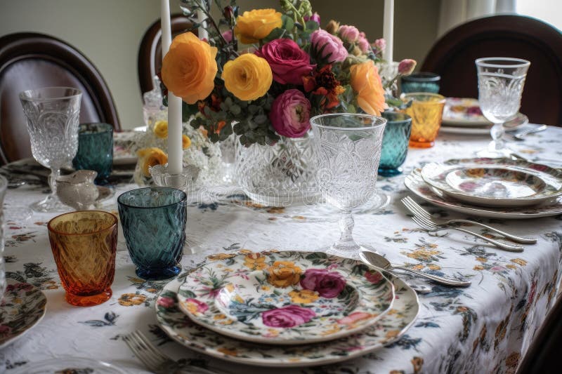 Floral Table Setting with China, Silverware, and Glasses Stock ...