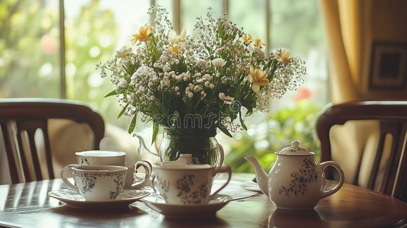 Floral Tea Party, Window View, Vintage Setting Stock Photo - Image of ...
