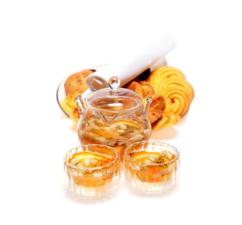 Floral Tea Set and Pastry Assortment Over White Stock Image - Image of ...