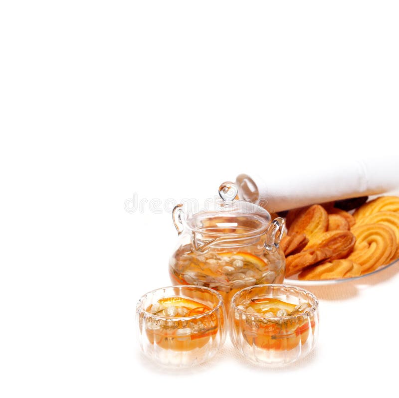 Floral Tea Set and Pastry Assortment Over White Stock Photo - Image of ...