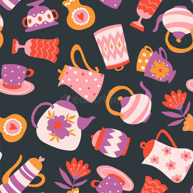 Floral Tea Vector Seamless Pattern. Teapots, Cups and Flowers Isolated on the Dark Background ...