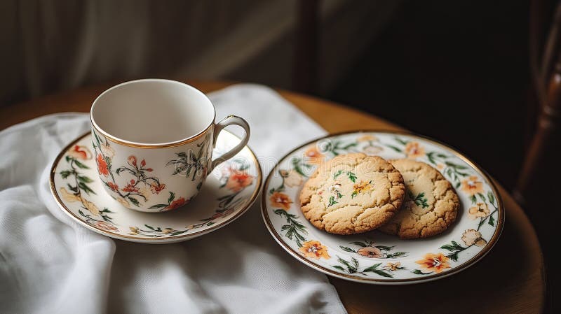 Floral Teacup and Saucer with Cookies on a Table Stock Illustration ...