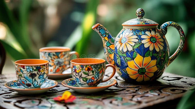 Floral Teapot, Cups, Garden Setting, Tea Time Stock Image - Image of ...