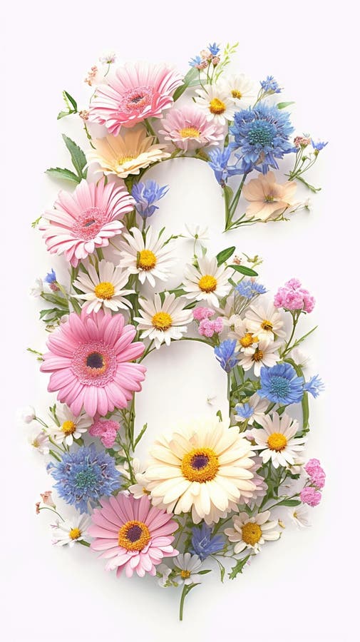 Floral Themed 3D Letter 6 Isolated on Pristine White Background Stock ...