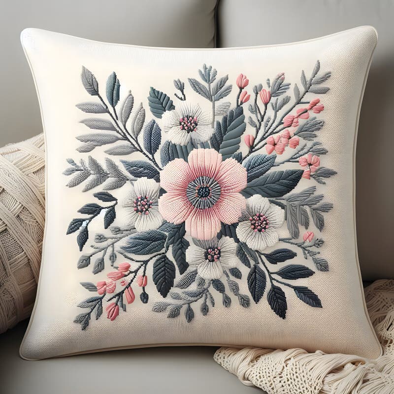 Floral Throw Pillowcase in Punch Needle Light Grey Stock Illustration ... Floral Throw Pillowcase in Punch Needle Light Grey Stock Illustration ...
