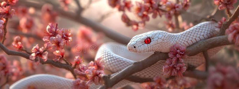 A Floral Tree Banner Showcasing a White and Red Snake. Stock Image ...