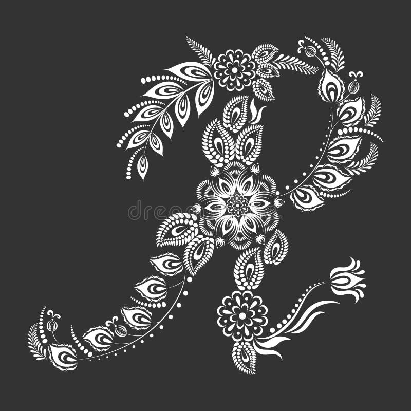 Floral Uppercase White Letter R Monogram on Black Background Stock ...