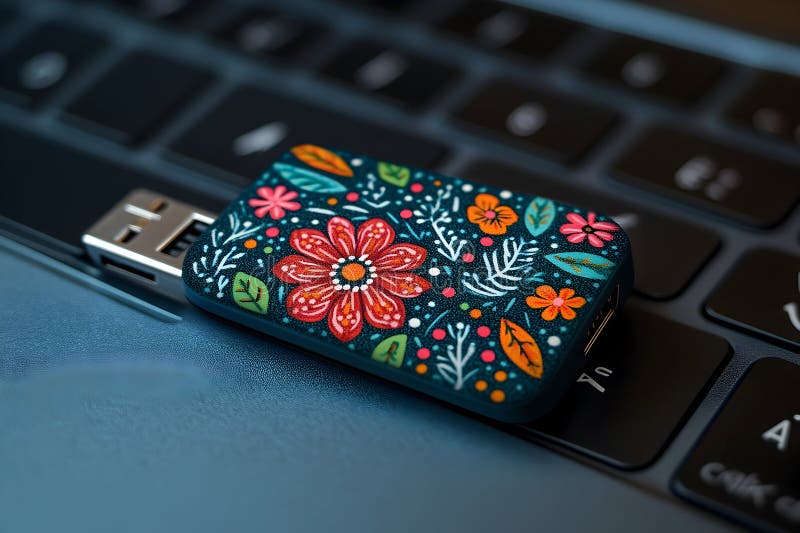 Floral USB Drive on Laptop stock illustration. Illustration of portable ...