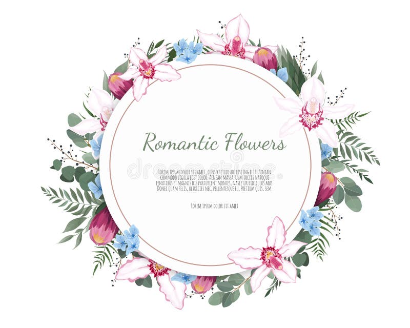 Floral Vector Round Frame with Orchid and Garden Flowers Stock ...