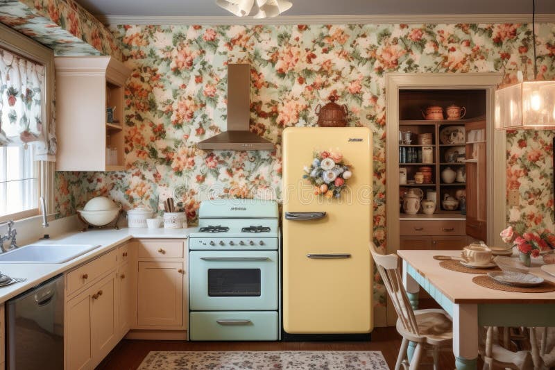 Floral Wallpaper in Kitchen with Cabinets and Appliances Matching Stock ...