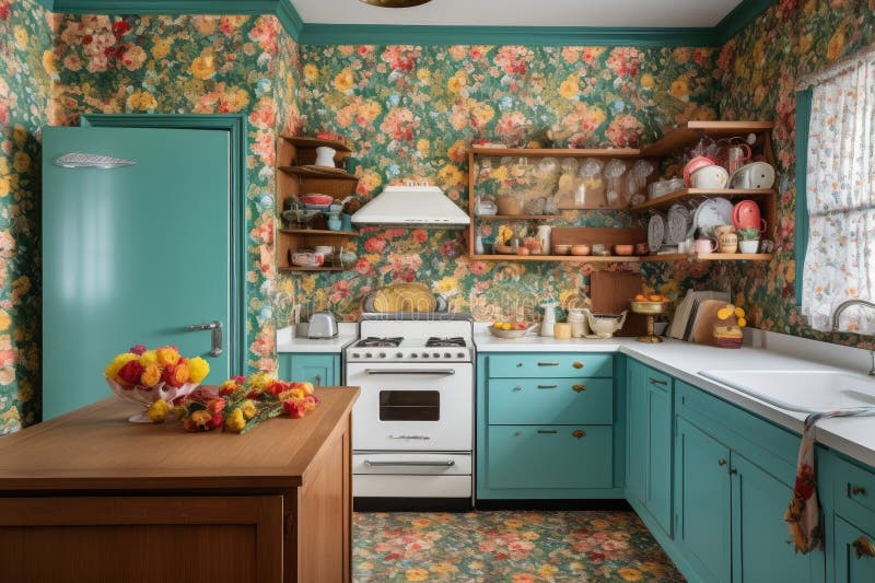 Floral Wallpaper in Kitchen with Cabinets and Appliances Matching Stock ...