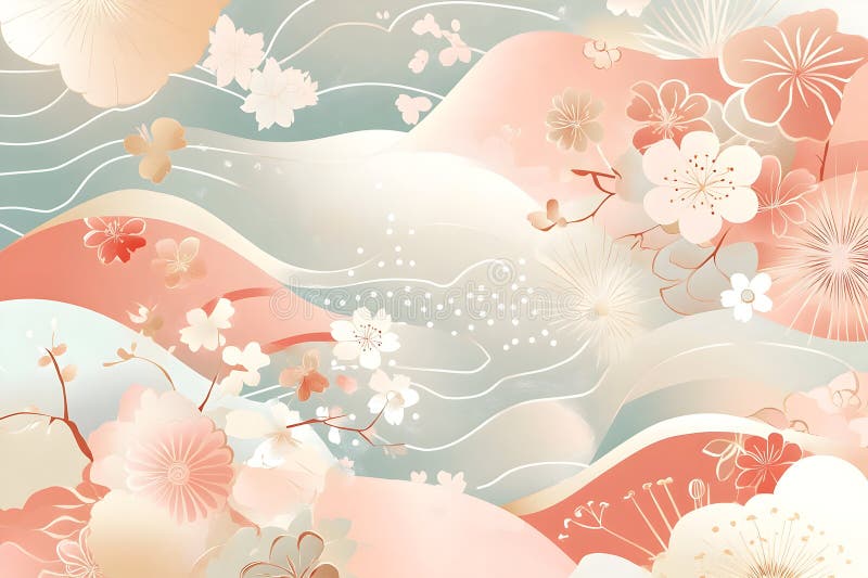 Floral Wave Design with Blossoms and Abstract Patterns in Soft Hues ...