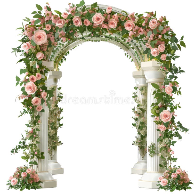 Floral Wedding Arch with Pink Roses and Greenery on a White Background ...