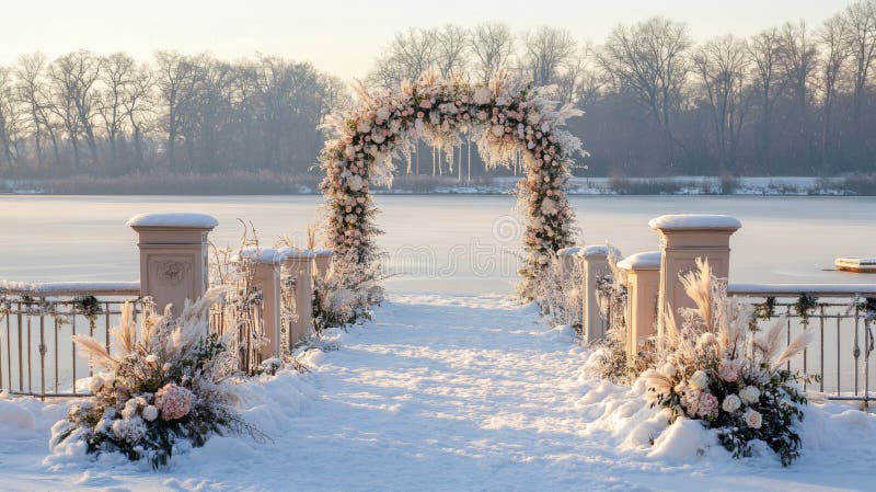 Floral Wedding Arch on a Snowy Lakeside Bridge Stock Illustration ...
