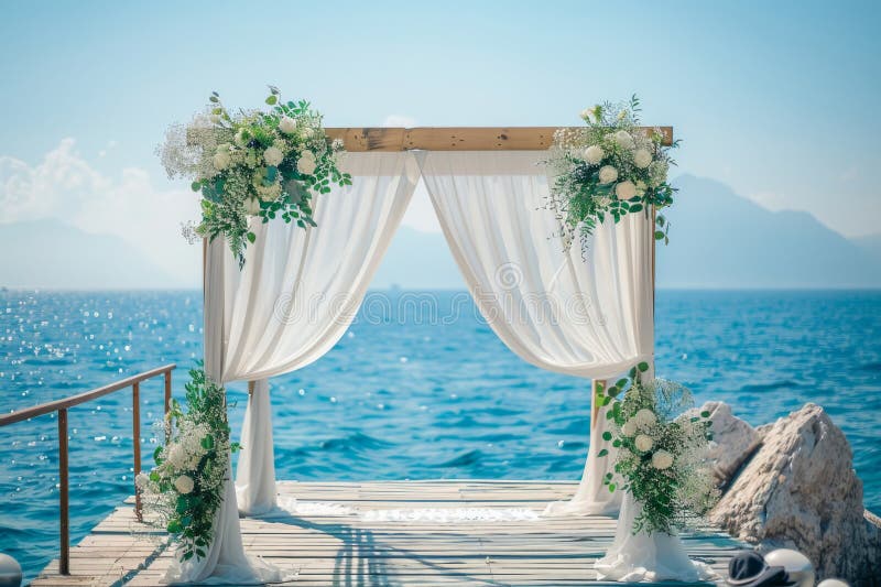 Floral Wedding Arch Standing on Beach Ocean Stock Photo - Image of ...