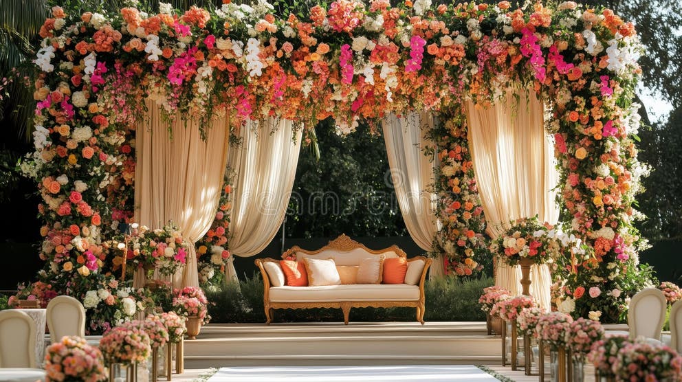 Floral Wedding Backdrop with Elegant Seating and Decorations Stock ...