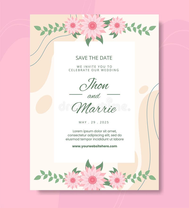 Floral Wedding Invitation Template Flat Cartoon Background Vector ...