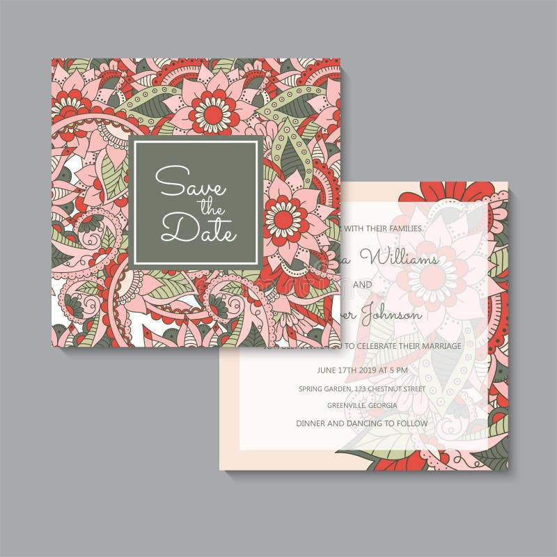 Floral Wedding Template - Red Floral Cards Set Stock Illustration ...