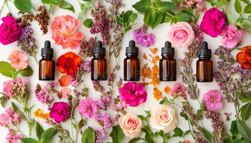 Floral Wellness Aromatic Essential Oils and Fresh Herbs on White ...