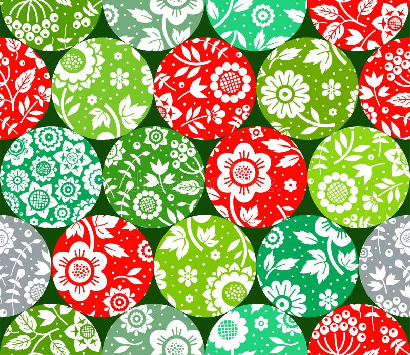 Floral White Pattern, Seamless, Red and Green Circles, Green Background ...