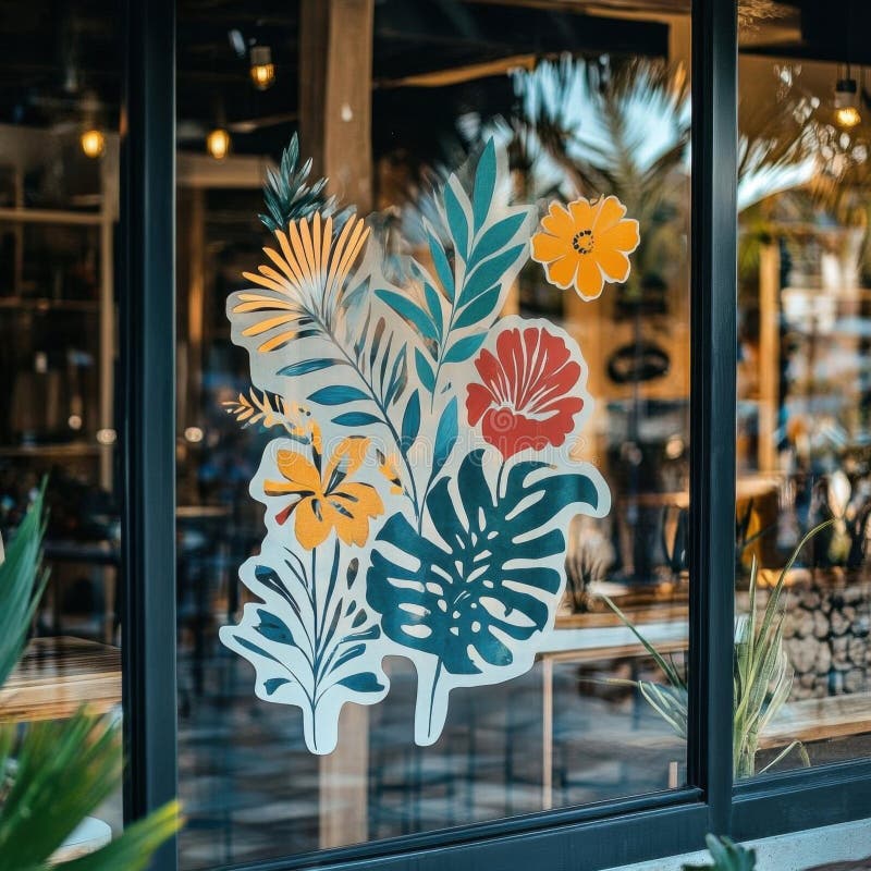 Floral Window Decal with Tropical Leaves Stock Illustration ...