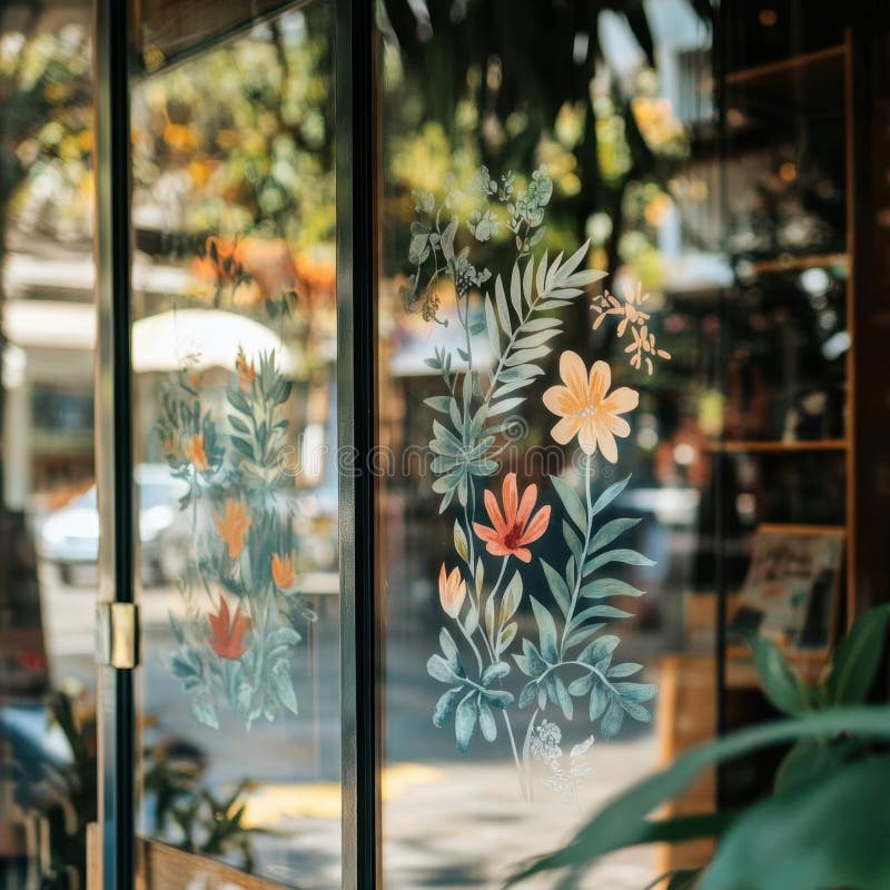 Floral Window Display with Green Foliage Stock Illustration ...