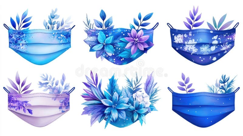 Floral and Winter-themed Blue Face Masks with Botanical Designs Stock ...