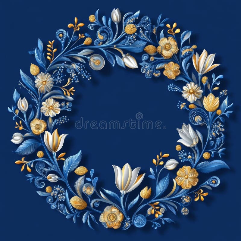 Floral Wreath Design Featuring Blue and Golden Elements Creates a ...