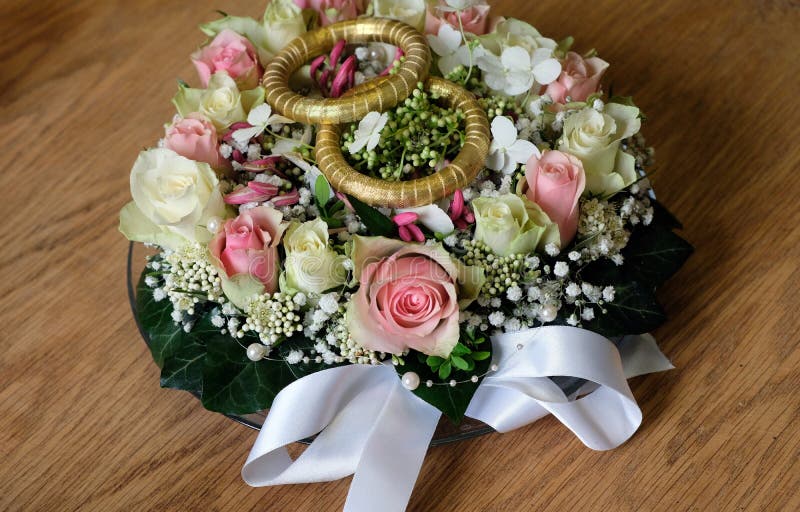 Floral Wreath Golden Wedding on a Table Stock Photo - Image of flower ...