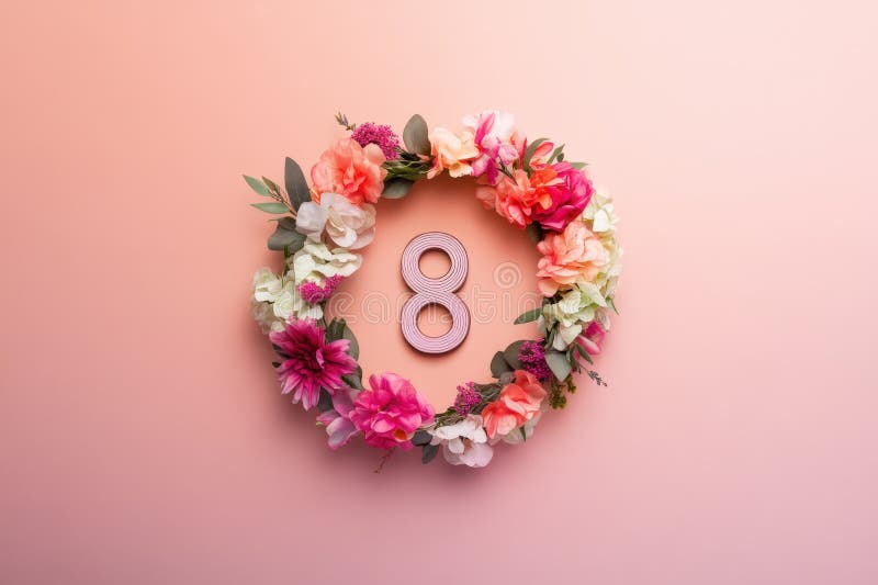 Floral Wreath with Number Eight on Pastel Pink Background Stock ...