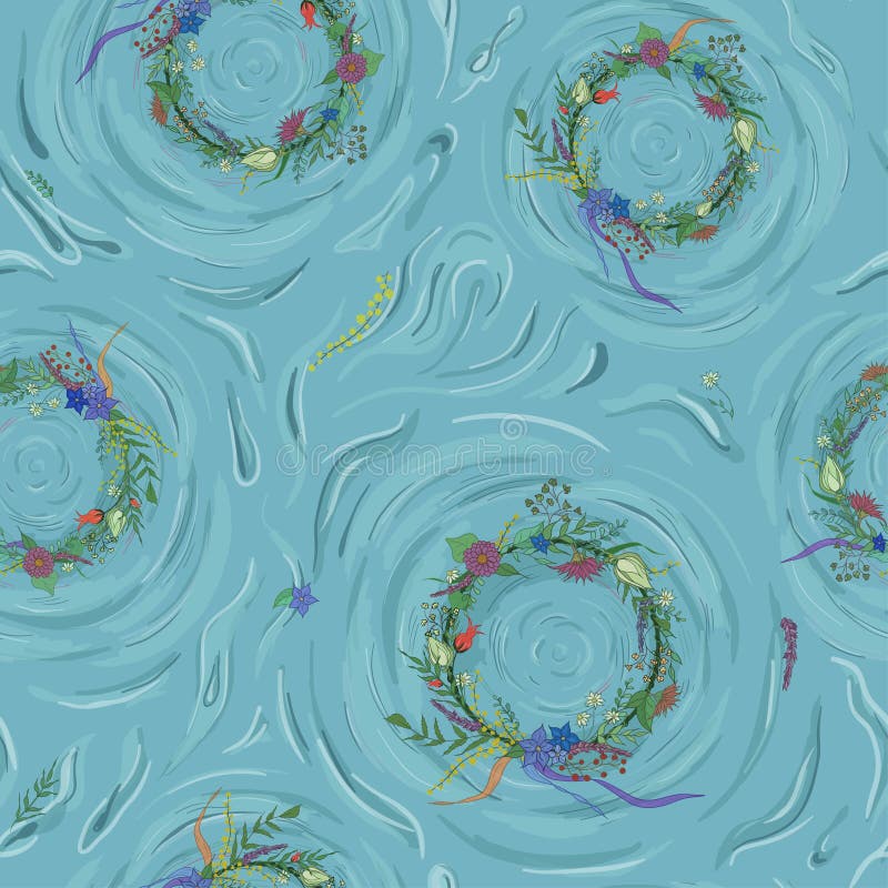 Floral Wreath on the Water Pattern Background. Drawn Flowers Stock ...