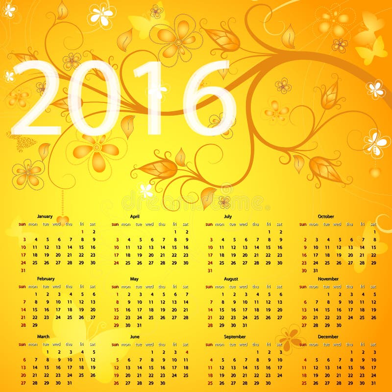 Floral Yellow Calendar for 2016 Stock Vector - Illustration of light ...