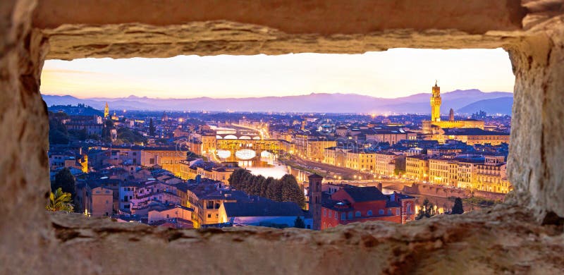 Florence Cityscape Panoramic Evening View through Stone Window Stock ...