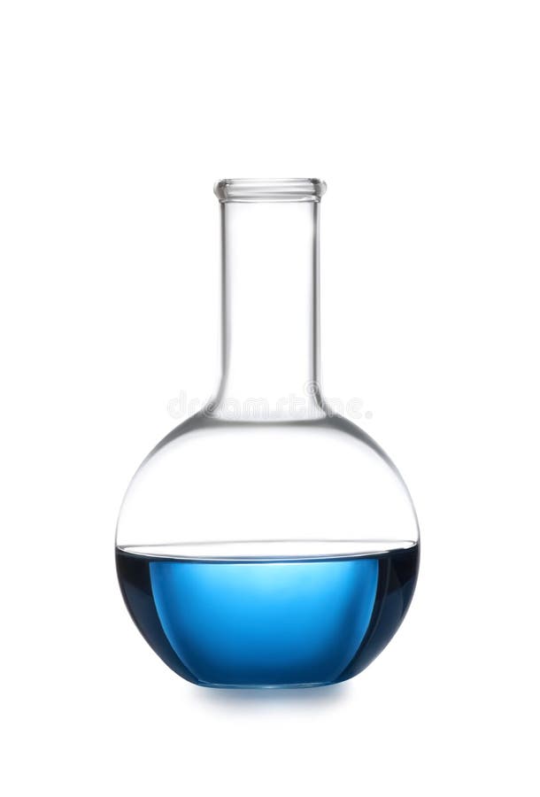 Florence Flask With Blue Liquid Isolated On White Laboratory Glassware