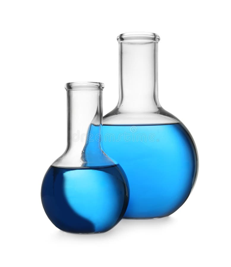 Florence Flasks with Blue Liquid on Background. Laboratory Glassware ...
