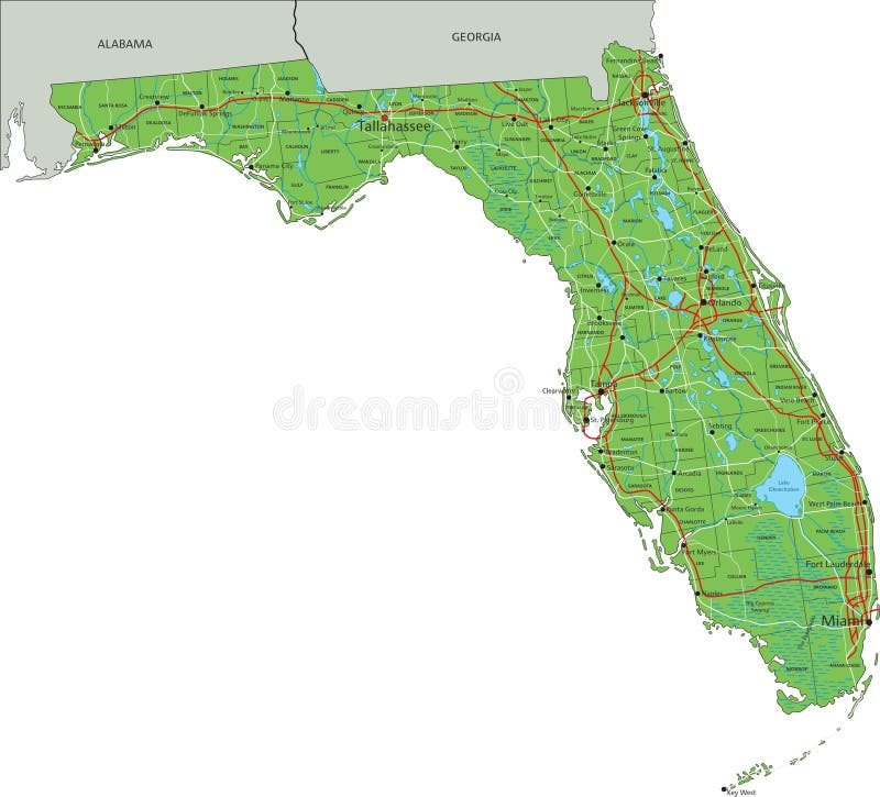 Detailed Florida Physical Map with Labeling. Stock Vector ...