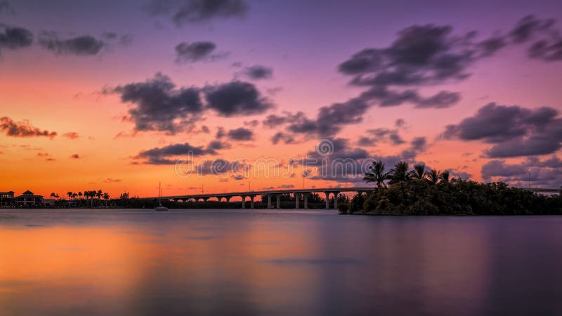 A Florida Bridge and a Colorful Sunset Stock Image - Image of coast ...