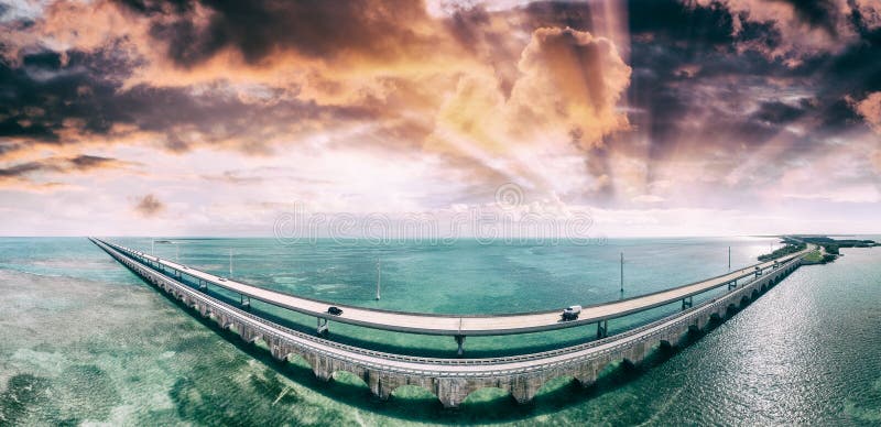 Florida Keys Bridge, Beautiful Sunset Aerial View Stock Photo - Image ...