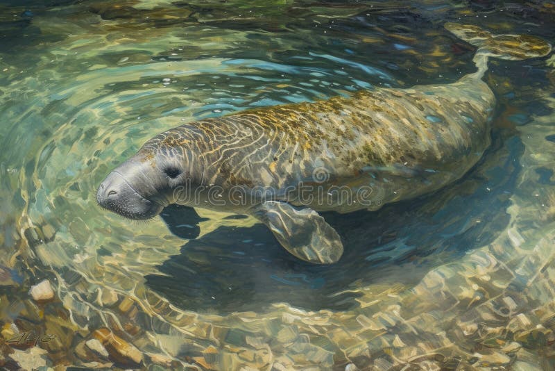 Florida Manatee in Clear Water Stock Illustration - Illustration of ...