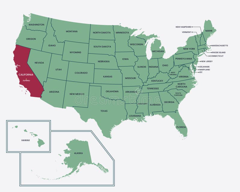 Map of USA, Highlighted at California State, with State Border and ...