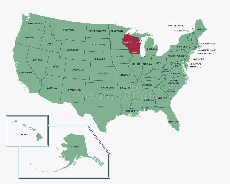 Map of USA with State Border, Highlighted at State of Wisconsin Stock ...