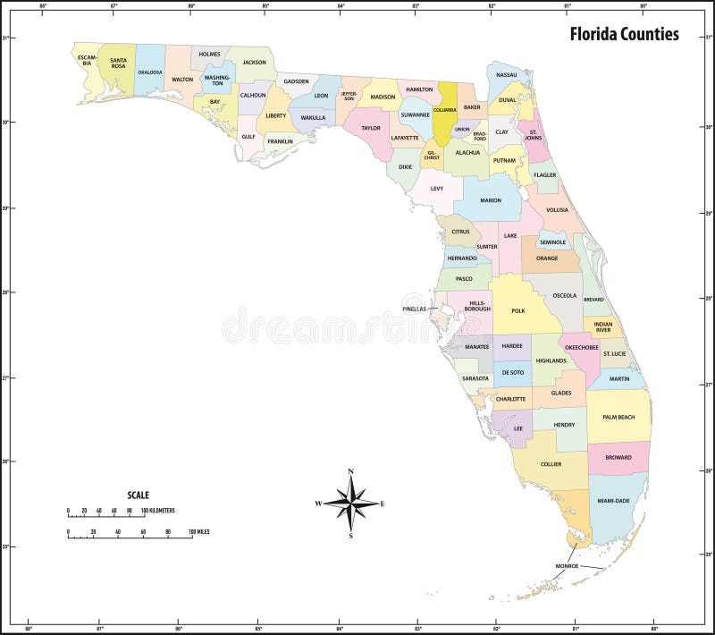 Florida State Outline Administrative and Political Map in Color Stock ...