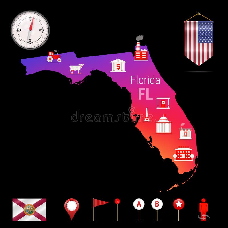 Florida Vector Map, Night View. Compass Icon, Map Navigation Elements ...