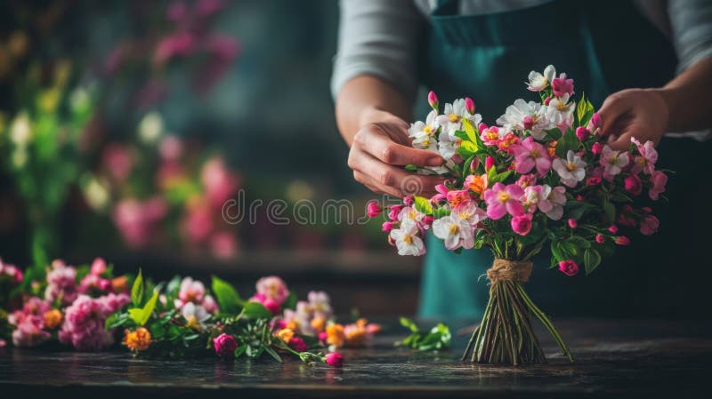 Florist Arranging a Beautiful Spring Flower Bouquet Stock Illustration ...