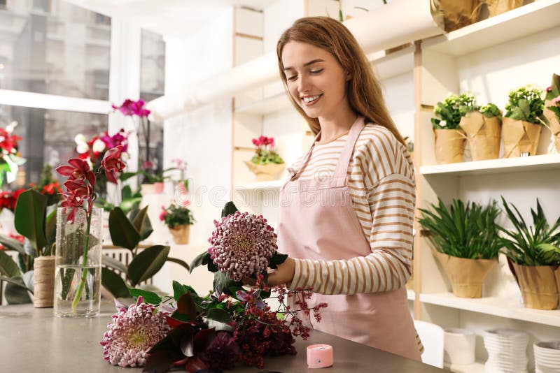 Florist Making Bouquet with Fresh Flowers at Table Stock Image - Image ...
